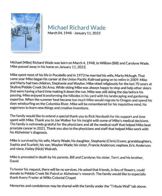 Michael Richard Wade (Deceased), Pocatello, ID Idaho